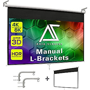 Akia Screens 100 inch Projector Screen Pull Down Manual B 16:9 8K 4K HD 3D Ceiling Wall Mount White Portable Projection Screen Retractable Auto Locking AK-M100H1 with 10 inch L-Bracket White AK-ZLB10W
