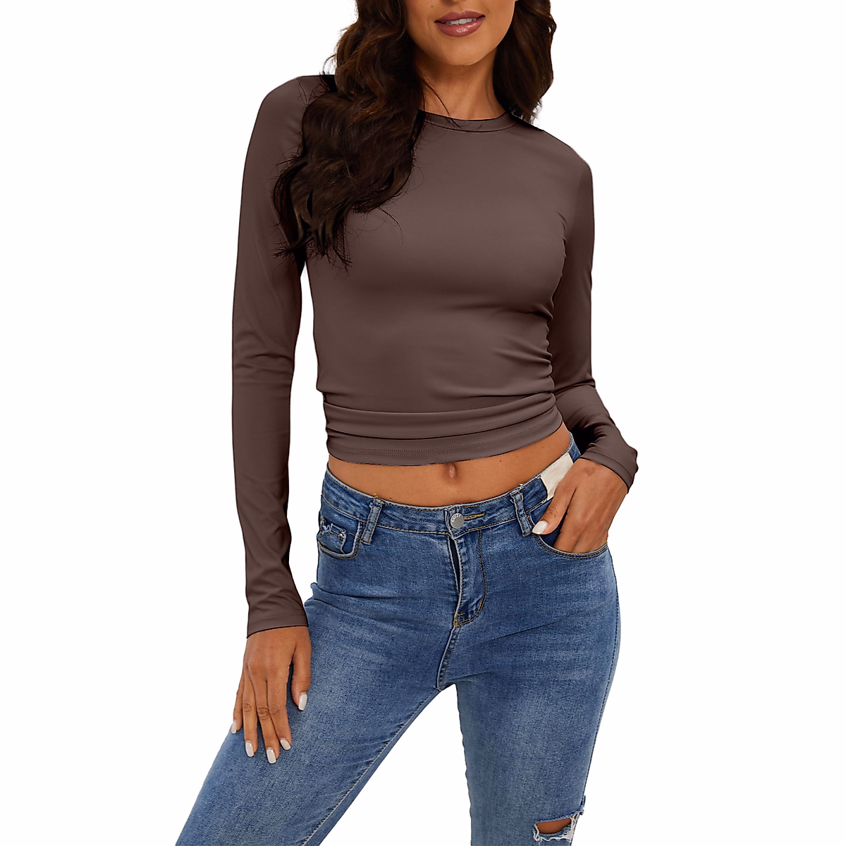 KAMISSY Women’s Workout Long Sleeve Yoga Basic Tee Shirt Casual Round Neck Slim Athletic Running Solid T-Shirt Top Coffee