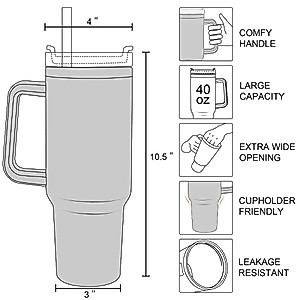 Kerykwan 40oz Tumbler with Handle Insulated Stainless Steel Travel Coffee Mug with Straw&Lid Large Water Bottle Cup for Hot&Cold Beverages (Pink)