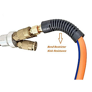 SANFU Hybrid PVC/Rubber 3/8”ID x 100ft, 300PSI Durable, Lightweight, Air Compressor Hose with 1/4” Industrial Brass Coupler and Plug, Bend Restrictors, Orange(100’)