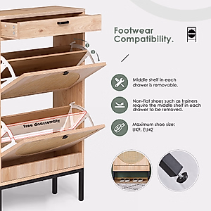Yechen Shoe Rack Storage Organizer with 2 Natural Semi-Circular Rattan Doors, Entryway Wooden Shoe Cabinet for Sneakers, Leather Shoes, High Heels, Slippers (2 Piece, Oak)