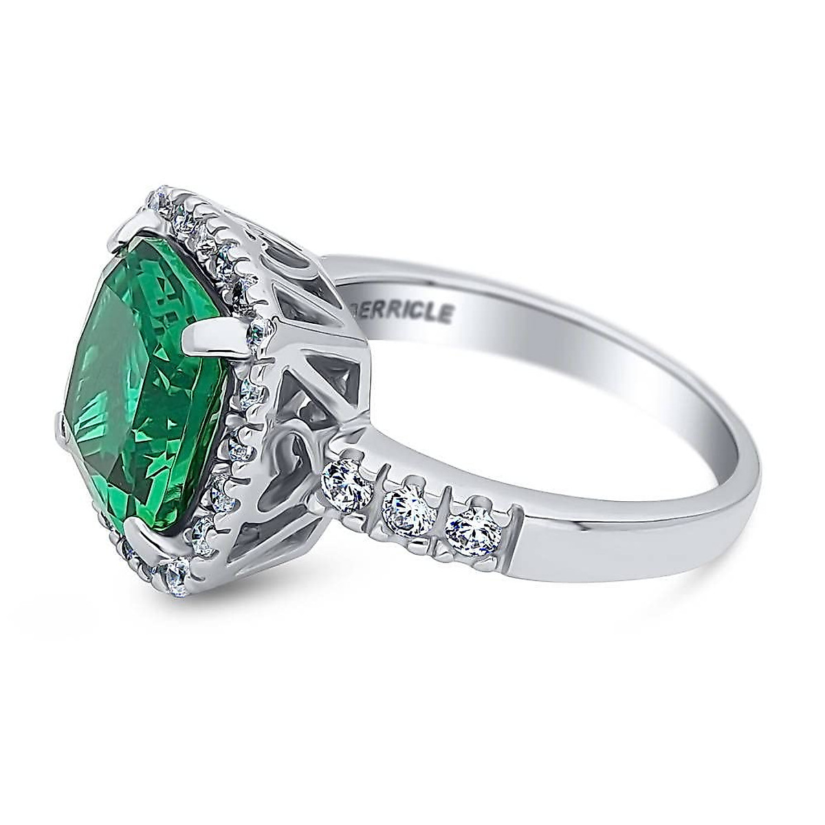 BERRICLE Sterling Silver Halo Green Cushion Cut Cubic Zirconia CZ Statement Cocktail Fashion Ring for Women, Rhodium Plated Size 7
