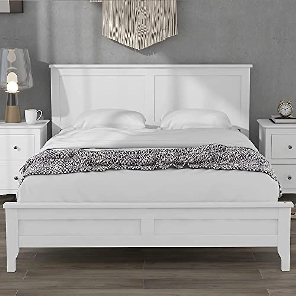 MERITLINE Full Size Platform Bed Frame with headboard/Solid Wood Foundation with Wood Slat Support/No Box Spring Needed/Easy Assembly, Rustic Pine (Full, White)