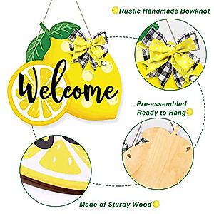 Huray Rayho Lemon Welcome Door Sign Summer Farmhouse Wooden Front Door Hanger, 13.7''x12.5'' Fresh Lemon with Yellow Black White Buffalo Plaid Bowknot, Summer Gift Ideas for Parents, Friends, Teachers