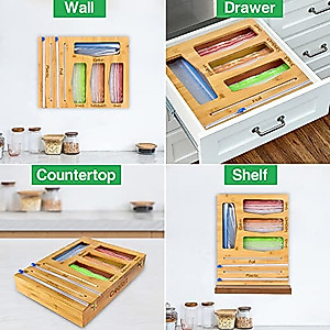 Creatart Bamboo Foil and Plastic Wrap Dispenser with Cutter 6 in 1 Ziplock Bag Storage Organizer for Drawer 12" Food Storage Bag Organizer for Gallon, Quart, Sandwich and Snack