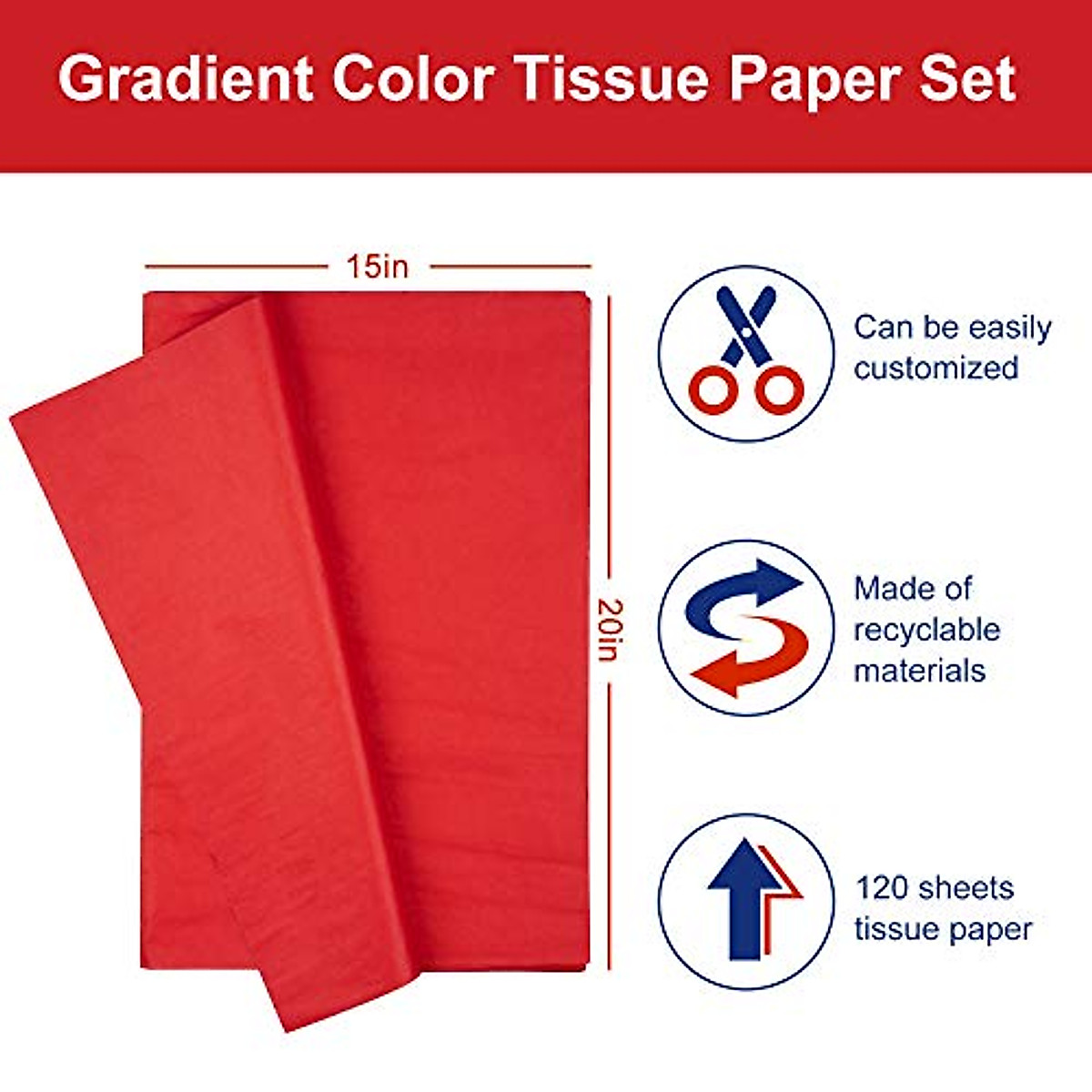 Whaline 120 Sheet Tissue Paper Crepe Paper White Blue Red Gift Wrapping Paper American Flag Colors Wrap Tissue Paper Independence Day Paper for July Veterans Day Art Crafts 4th of, 15 x 20 Inch