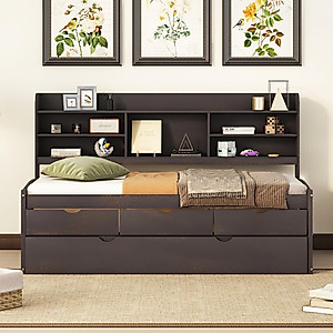 Harper & Bright Designs Twin Captain's Bed with Trundle and Three Storage Drawers, Wooden Twin Size Daybed Frame with Built-in Bookshelves for Girls Boys,Antique Gray