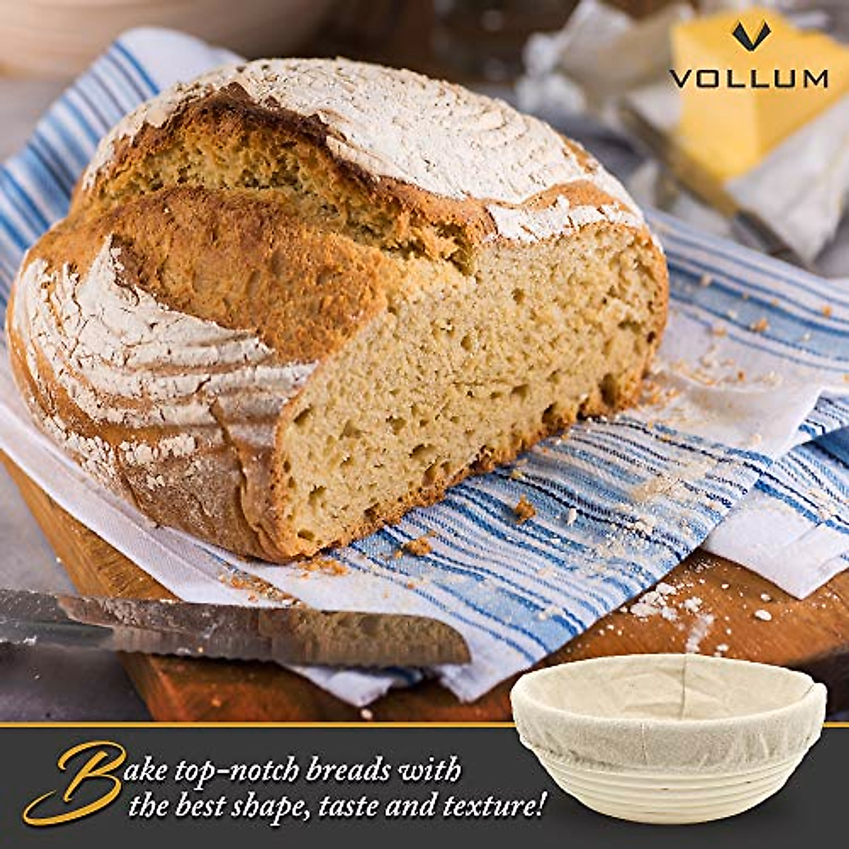 Vollum Bread Proofing Basket Banneton Baking Supplies for Beginners & Professional Bakers, Handwoven Rattan Cane Bread Maker with Linen for Artisan Breads, 10 x 4.25 Inch, 2-Pound Round Brotform
