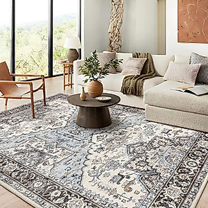 Area Rug Living Room Rugs - 8x10 Soft Machine Washable Oriental Persian Floral Distressed Rug Large Indoor Floor Carpet for Bedroom Under Dining Table Home Office Decor - Cream Blue
