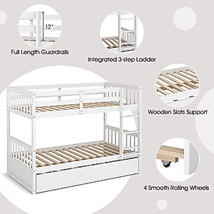 Giantex Twin Over Twin Bunk Bed with Trundle, Convertible Platform Bed Frame with Ladder & Solid Wood Frame, Space-Saving Bunk Bed for Teens & Adults, No Box Spring Needed, White