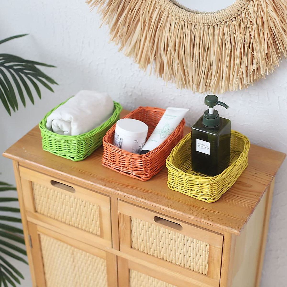 Rectangle Small Wicker Baskets for Sundries 3pcs Storage Bins (Colorful)