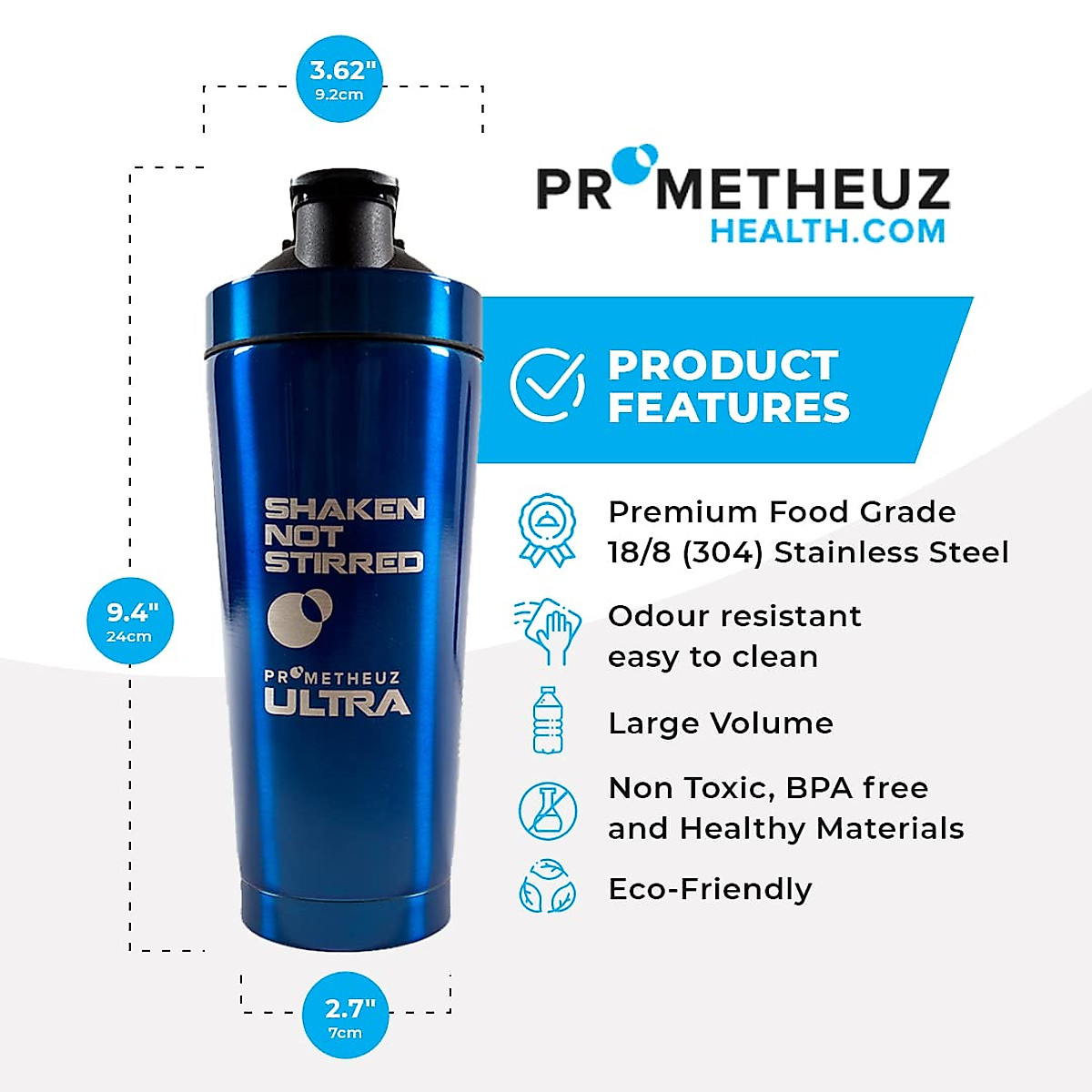Prometheuz 24oz Stainless Steel Insulated Shaker Bottle with Wire Whisk, Double Walled Vacuum Perfect for Protein Shakes and Pre-Workout to Keeps Hot and Cold, Blue