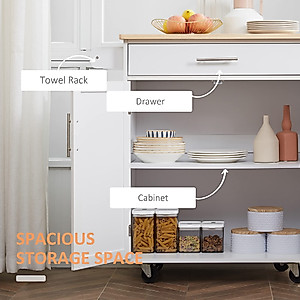 HOMCOM Kitchen Island Cart Rolling Trolley Cart with Drawer, Storage Cabinet & Towel Rack, White