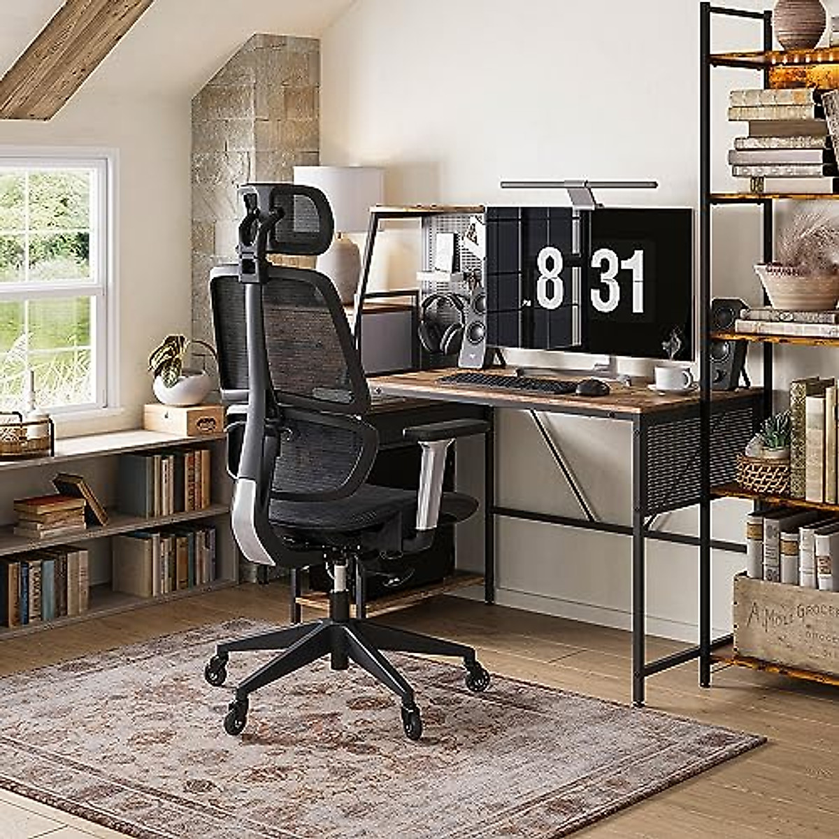 LINSY HOME High-Back Office Chair, Swivel Ergonomic Task Chair with Adjustable Headrest and Arms, Lumbar Support and PU Wheels, Computer Mesh Chair for Home Office, Black