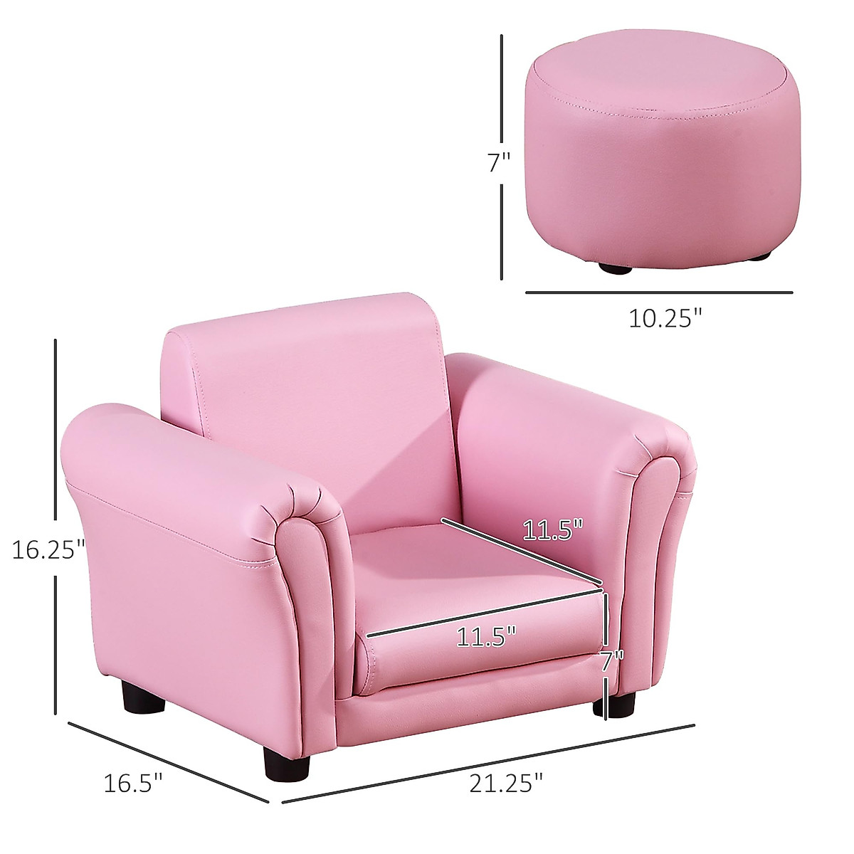Qaba Kids Sofa Set with Footstool, Upholstered Armchair for Kids 18M+, Baby Sofa for Playroom, Children's Bedroom, Nursery Room, Pink