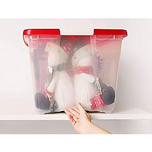 IRIS USA 54 Qt. Holiday Storage Bin with Lid, 4-pack, Stackable Holiday Storage Container with Lid and Latching Buckles for Holiday Decorations Accessories and Supplies, Clear/Red