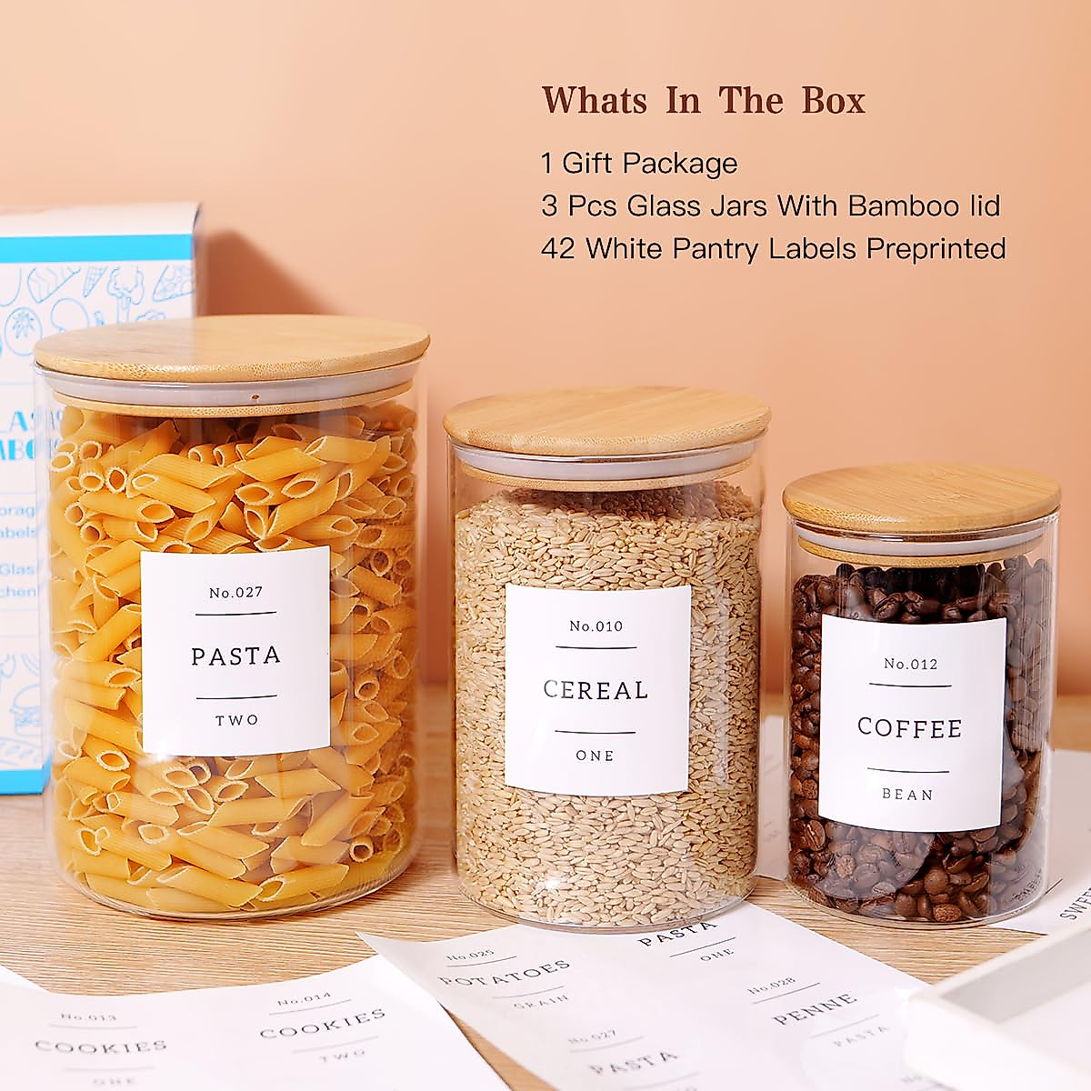 3 Pcs Glass Canisters with Airtight Bamboo Lids and 42 Kitchen Pantry Labels Preprinted - Clear Glass Flour and Sugar Storage Container Set - Large Glass Jars with Wood Lids(100 OZ/54 OZ/27 OZ)