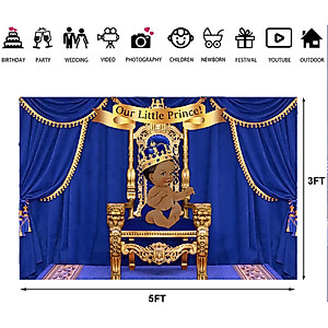 5×3ft Royal Little Prince Boy King Baby Shower Backdrop Blue Curtain Gold Crown Theme Party Banner Decorations Ethnic Black Boys Newborn 1st Birthday Cake Table Supplies Portrait Shooting Photo Props