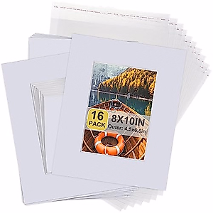 Acid Free 16 Pack 8 x 10 White Pre-Cut Picture Mat Board Show Kit for 5 x 7 Photos,Artworks,Prints,Includes 16Pcs Core Bevel Cut Matts & 16 Pcs Backing Board &16Pcs Clear Bags