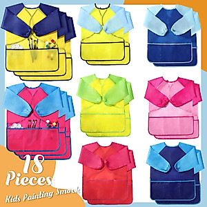 Janmercy 18 Pcs Kids Art Smocks Painting Apron Waterproof Art Smock Long Sleeve with Pocket for Eating Craft, Age 5-8 Years(Multi Colors)