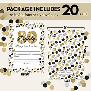 Confetti Polka Dot 80th Birthday Party Invitations, 20 5x7 Fill In Cards with Twenty White Envelopes by AmandaCreation