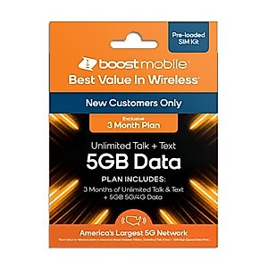 Boost Mobile Prepaid SIM Card | Unlimited Talk & Text | 3 Month 5 GB Data Plan for Unlocked Cell Phones | Pay As You Go I No Contracts