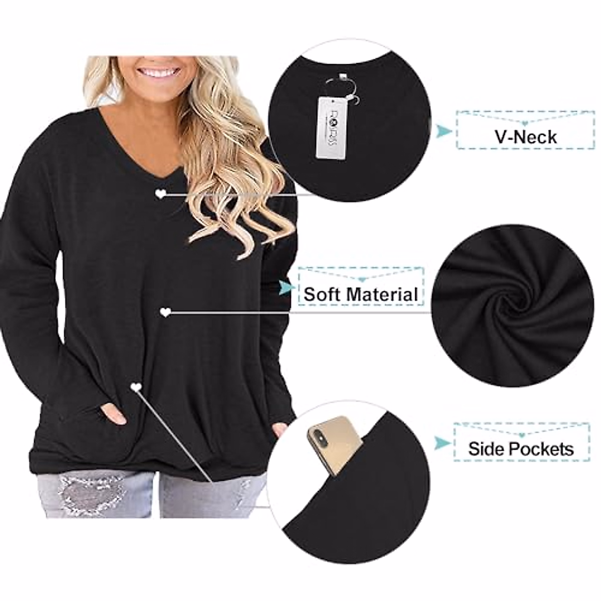 ROSRISS Plus Size Sweatshirts for Women 3X Long Sleeve V Neck T Shirts Black 22W