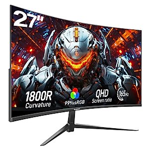 Gawfolk 2K 165Hz Curved Monitor, 27 Inch QHD 2560x1440p 144Hz Gaming Monitor with AMD FreeSync, Flicker-Free, 2X HDMI 2.0, DP 1.4, Ultra-Thin Frameless 1800R Screen PC Monitor
