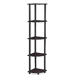 Furinno Pasir 3-Tier Open Shelf Bookcase, Espresso & Turn-N-Tube 5 Tier Corner Display Rack Multipurpose Shelving Unit, 1-Pack, Dark Walnut
