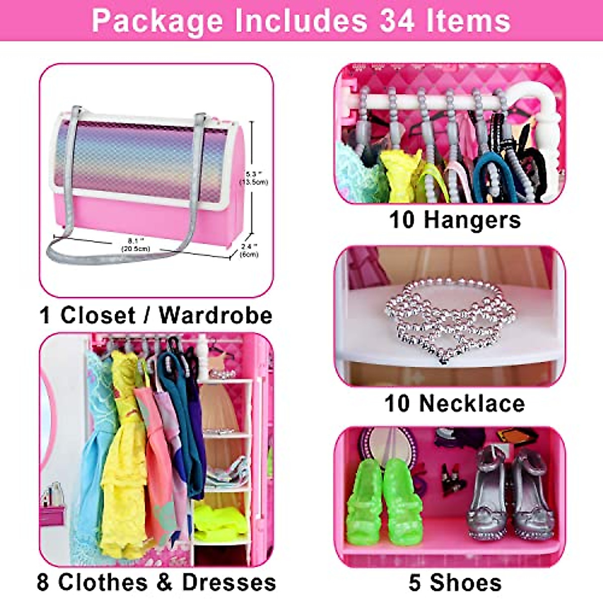 ZITA ELEMENT 34 Pcs 11.5 Inch Girl Doll Closet Wardrobe Set for 11.5 Inch Girl Doll Clothes and Accessories - Including Handbag Style Closet, Dresses, Swimsuits, Shoes, Hangers and Necklaces