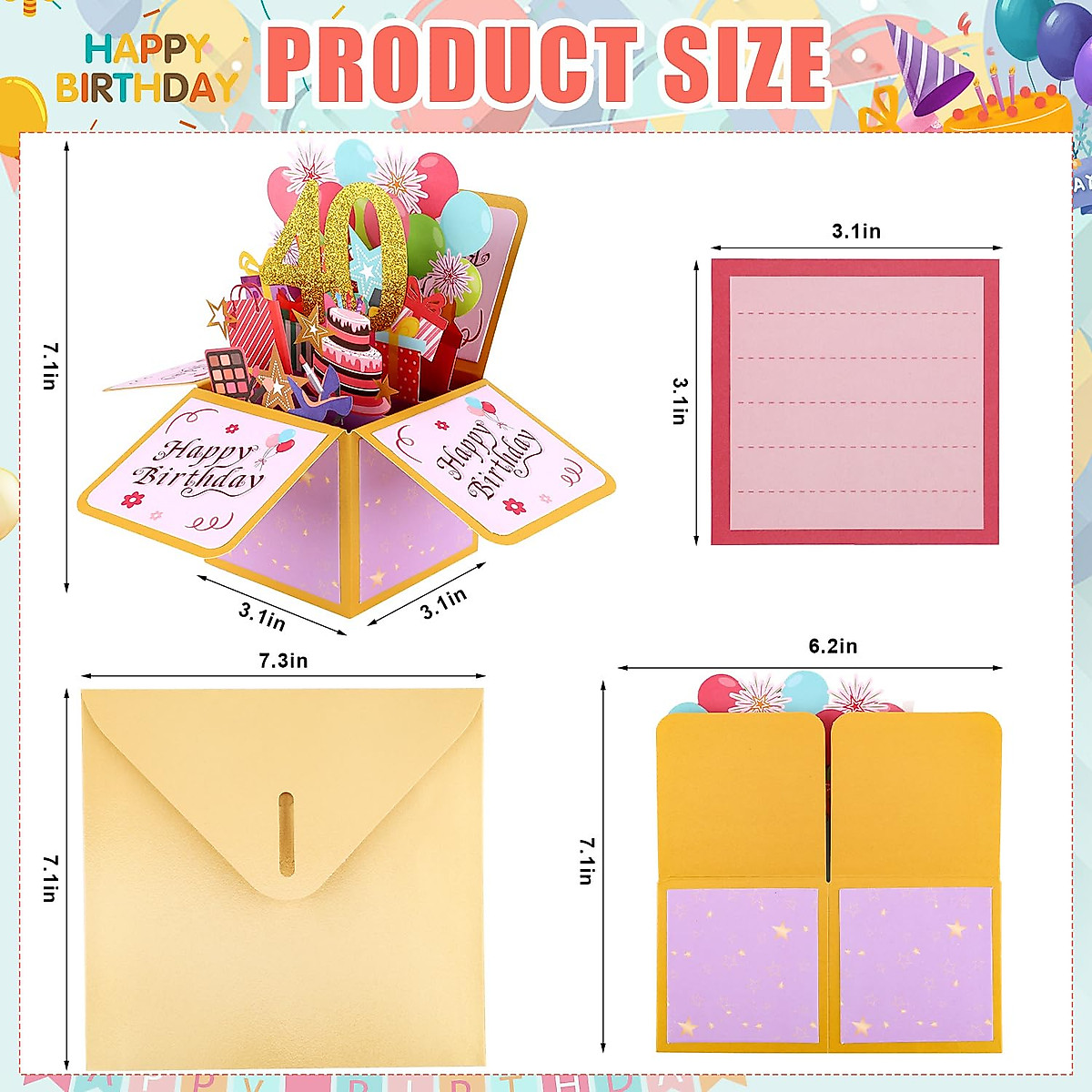 Happy Birthday Pop Up Card, Creative 3D Birthday Card with Classic Envelope & Writing Note Happy Birthday Pop Up Box for Women Men(40th Birthday Card)