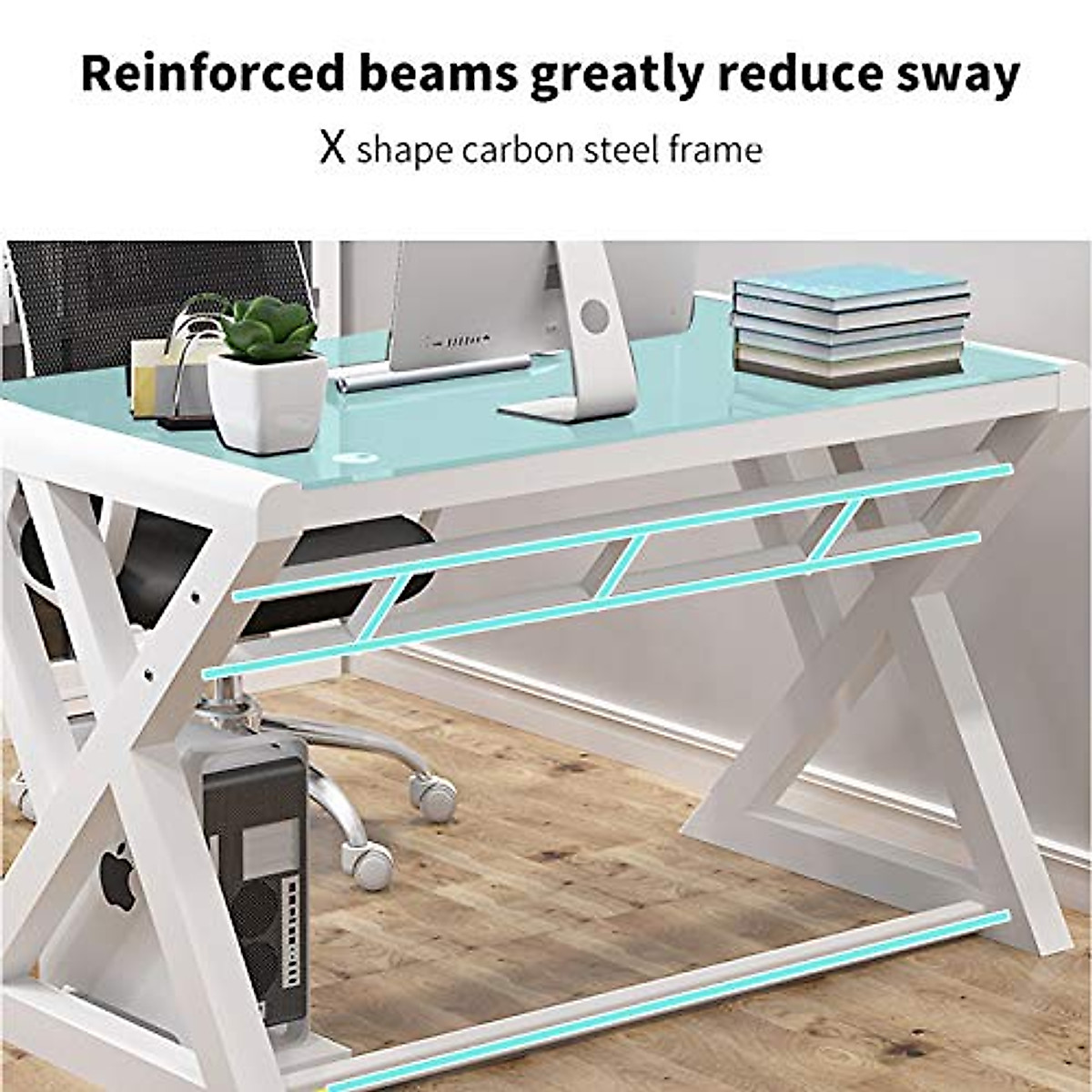 IPKIG 55.1Inch Tempered Glass Computer Desk w/Glass Top Metal Frame, Office Desk Computer Table Modern Office Study Work Writing Desk Table for Home Office Personal Workstation (White-55.1 Inch)