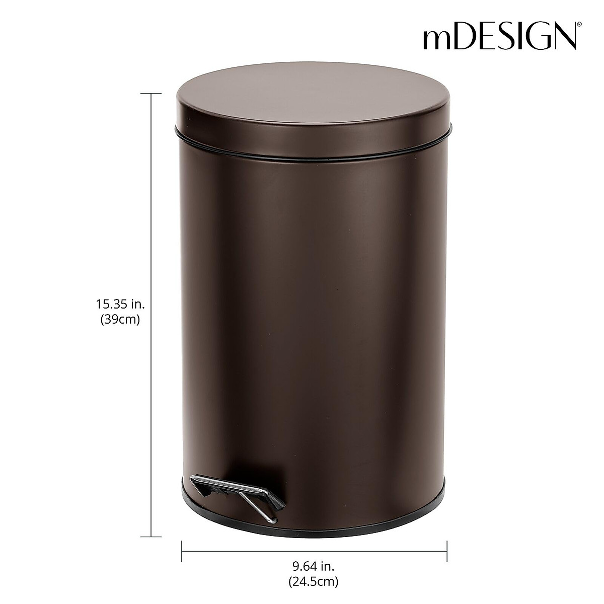 mDesign Metal/Steel 3.2 Gallon/12 Liter Round Step Trash Can with Lid, Foot Pedal Waste Basket, Garbage Bin with Removable Liner Bucket; for Bathroom, Office; Holds Trash, Recycling - Bronze