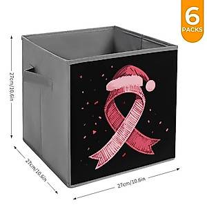 Breast Cancer Christmas Santa Hat Ribbon Foldable Storage Bins with Handles Storage Cubes Closet Organizer for Living Room Bedroom 6PCS
