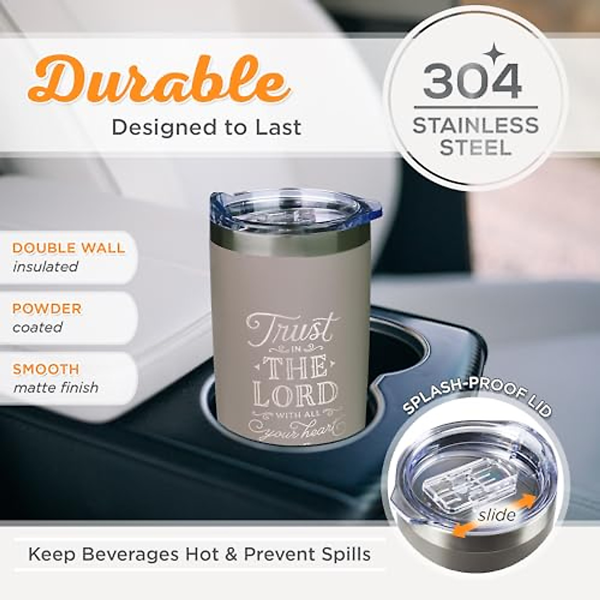 Christian Art Gifts Stainless Steel Double-Wall Vacuum Insulated Travel Mug 18 oz Gray Tumbler with Retractable Lid for Women and Men Bible Verse - Trust in the Lord - Proverbs 3:5