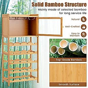 COSTWAY Freestanding Wine Rack, 20-Bottle Wine Display Shelf w/ 100% Bamboo Material, Glass Holder, Transparent Cabinet Door, Vertical Wine Bar Cabinet Organizer for Kitchen, Pantry, Home Bar