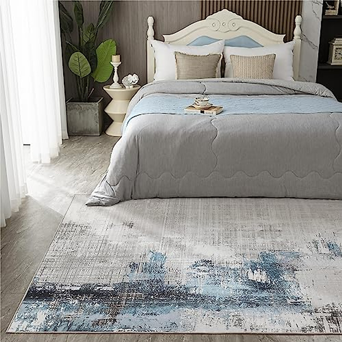 Syalife Washable Living Area Outdoor Rugs, 8'x 10' Rug with Non Slip Backing, Ultra-Thin Abstract Modern Non-Shedding Rug, Floor Mat Indoor Rug (Blue, 8'x 10')