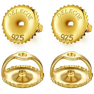 DELECOE 2 Pairs Gold Screw Earring Backs,14K Gold Plated Sterling Silver Screw on Earring Backs Replacements for Diamond Earring Studs, Hypoallergenic Secure ScrewBacks for Threaded Post .032"