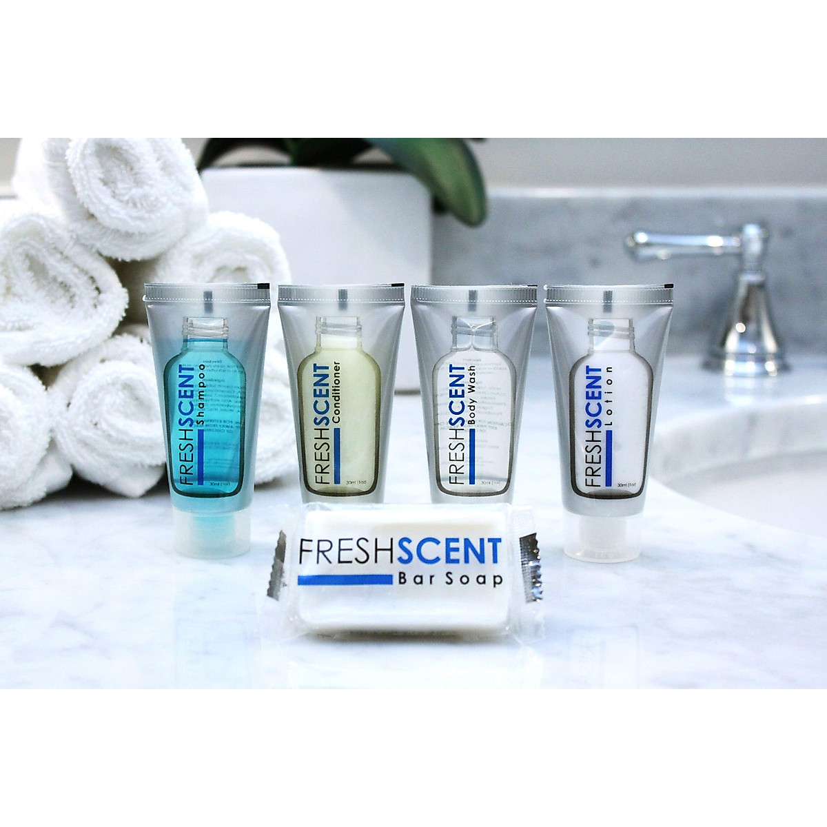 Freshscent Hotel Collection 250 Piece Set. Travel Size Amenities Bulk Toiletries Kit of 50 Each 1oz tubes Shampoo, Conditioner, Body Wash and Lotion. 50 Bars 1oz Soap