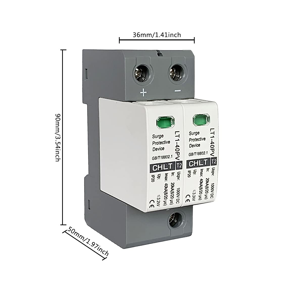 2P Surge Arrester Device, DC Protector Breaker Device 1000V DC Voltage PC Flame Retardant Shell Low Voltage Arrester 3.0KV Lightning Photovoltaic Charge Controller (2P 40KA)