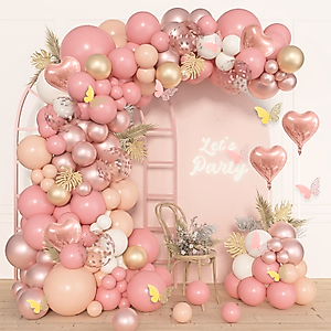 Ouddy Life 174Pcs Boho Blush Pink Balloons Arch Garland Kit, Retro Dusty Pink Balloons Nude Rose Gold Confetti for Girls Baby Shower Mother’s Day Weddings Birthday Bachelorette Party Decorations