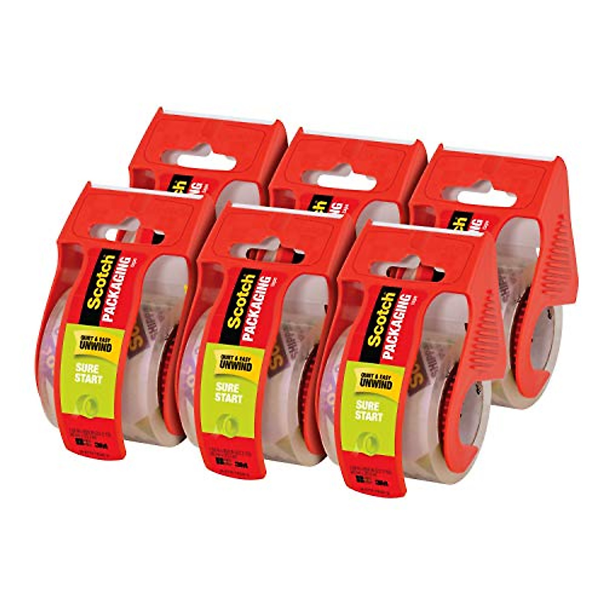 Scotch Sure Start Packing Tape, Clear, Quiet Unwind and Easy Start, Moving Supplies, 1.88 in. x 22.2 yd., 6 Tape Rolls with Dispensers