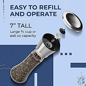 Salt and Pepper Grinder Set - 2 Pack - Pepper Mill, Salt Grinder, Refillable, Pepper Mill Grinder, Tall Glass Salt Pepper Grinder, Salt Pepper Grinder Set, Salt Pepper Set, Black Pepper Grinder