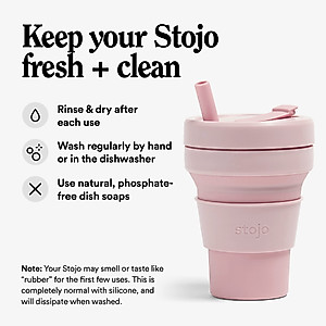 Stojo Collapsible Travel Cup With Straw - Carnation Pink, 16oz / 470ml - Reusable To-Go Pocket Size Silicone Bottle for Hot and Cold Drinks - Perfect for Camping & Hiking - Microwave & Dishwasher Safe