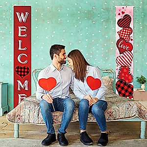 2 Pcs Valentine's Day Door Banner Decoration Valentine Hanging Front Porch Welcome Sign Red Buffalo Plaid Love Heart Banner Romantic for the Home Wall School Office Indoor Outdoor Party Supplies Decor