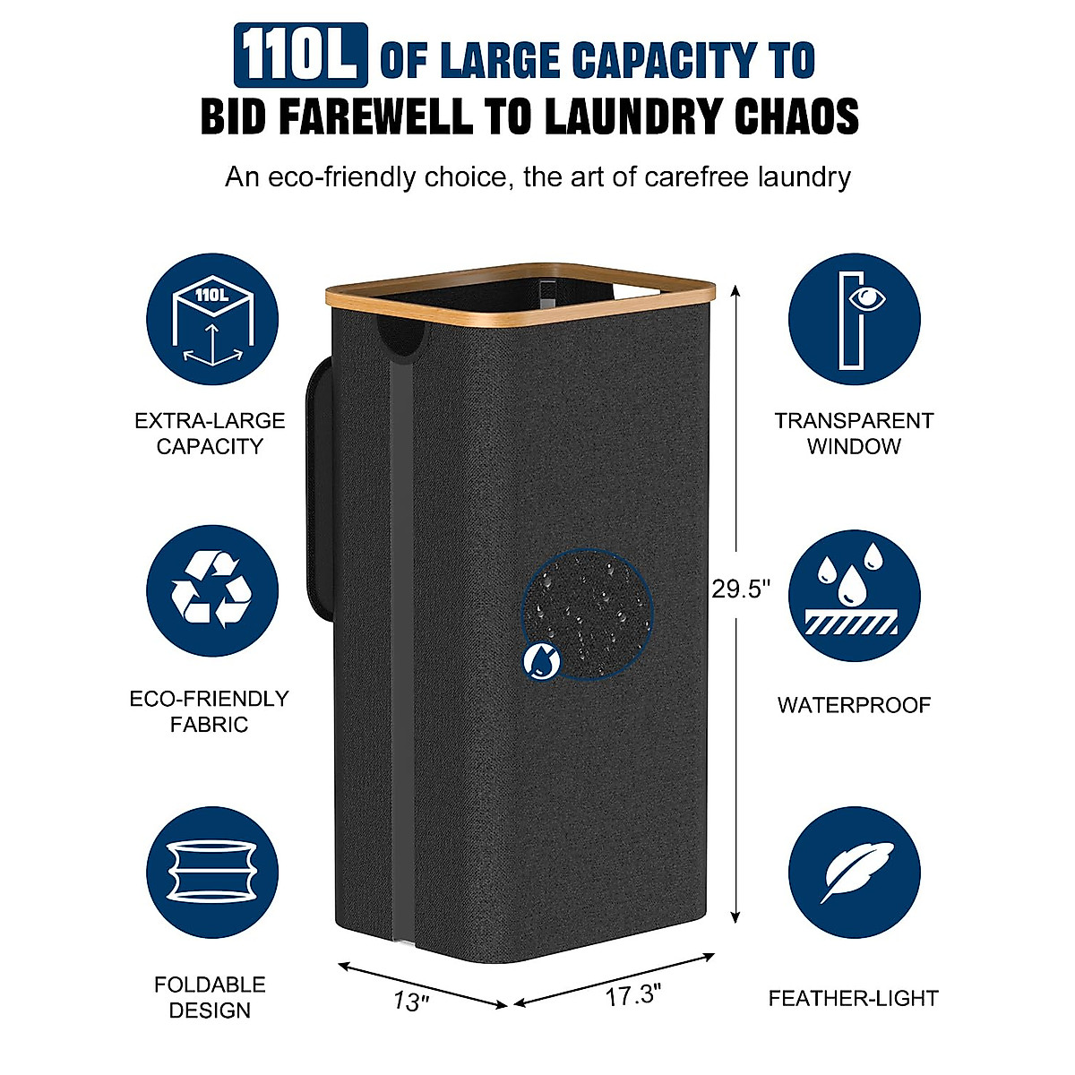 Laundry Hamper with Lid - Large Laundry Basket… (Black, 110L)