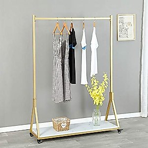 FURVOKIA Modern Simple Heavy Duty Metal Rolling Garment Rack with Wheels,Retail Display Clothing Rack with Wood, Single Rod Floor-Standing Hangers Clothes Shelves (Gold, 47.2 L)