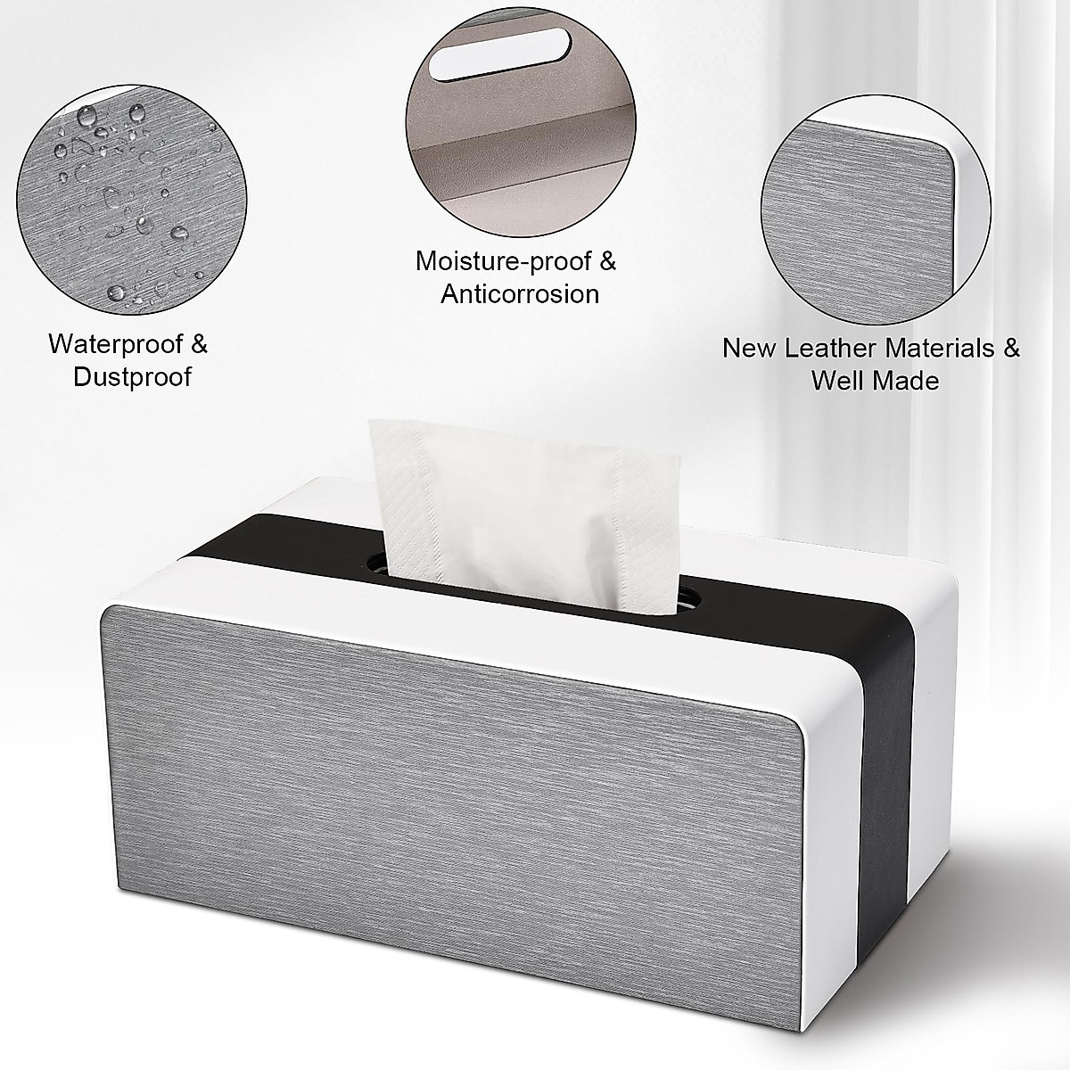 Tissue Box Cover, New PU Leather Kleenex Box Covers Rectangular Tissue Holder for Home/Office/Car Decoration 9.84"X5.59"X4.13" - Elegant Black&White