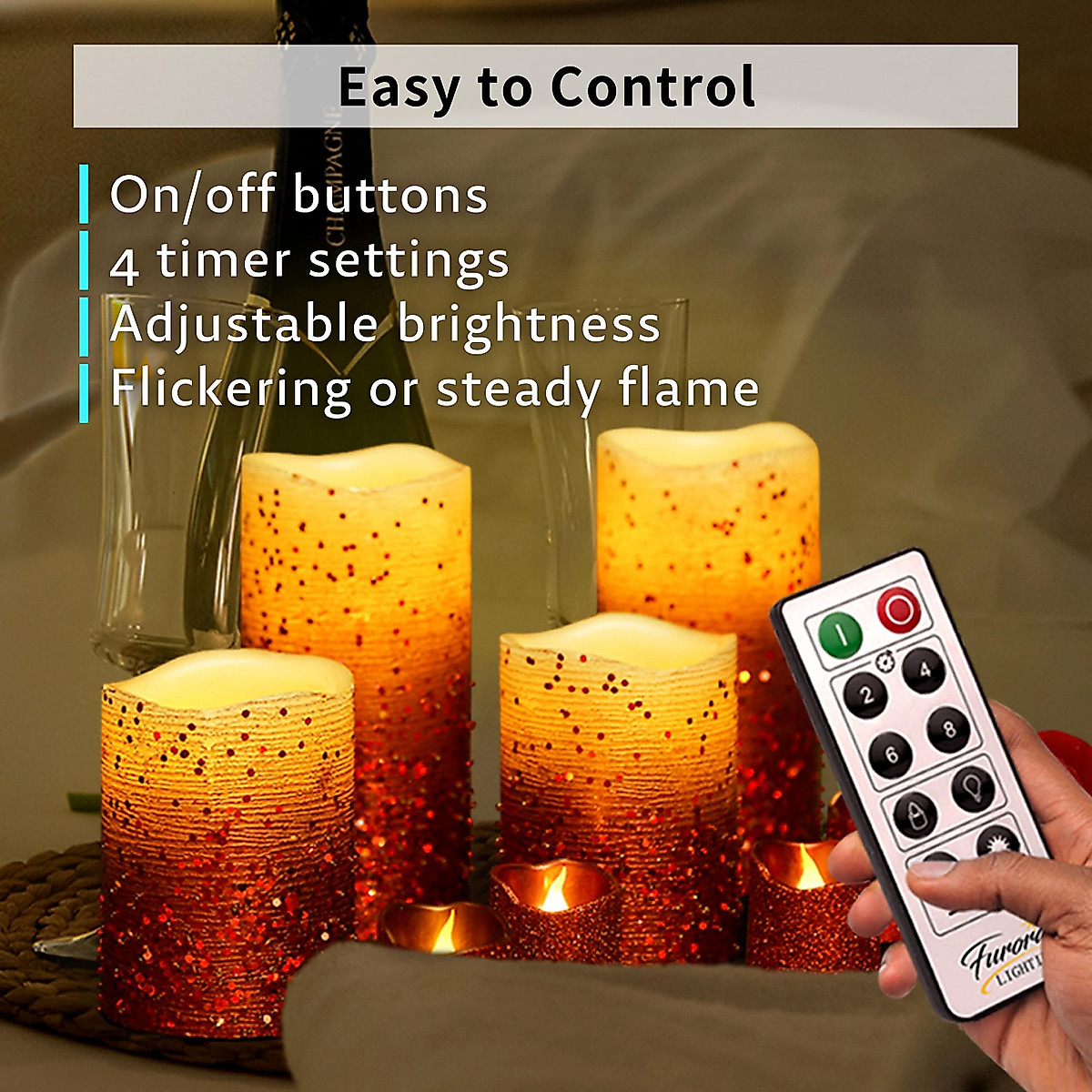 Furora LIGHTING Red Glitter Real Wax LED Candles with Remote and Timer, 4 Pillars and 4 Votives Pack of 8, Flameless Flickering Candles for Home Décor, Battery Included