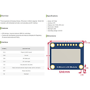 waveshare General 0.96inch LCD Display Module Compatible with Raspberry Pi 4B/ 3B+ 160x80 Resolution IPS Screen with Embedded Controller Communicating via SPI Interface